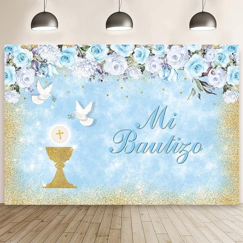 Mi Bautizo Backdrop Boy Baptism Banner Gold Chalice Doves Christening ...