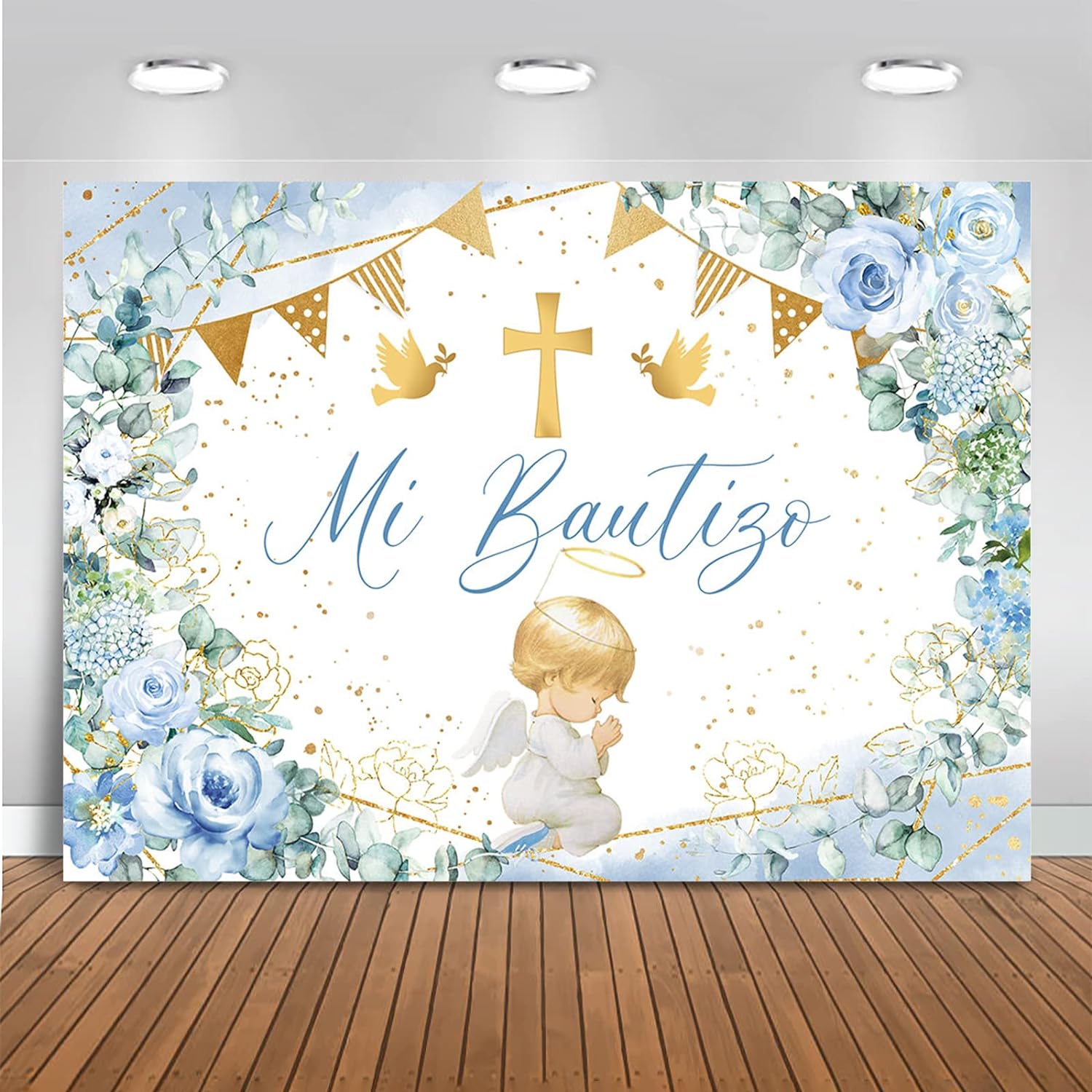 Mi Bautizo Backdrop for Boy Blue Flower God Bless Baptism Backdrops ...