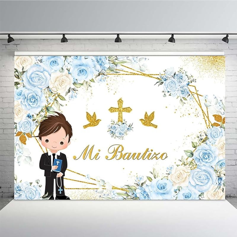 Mi Bautizo Backdrop for Boys God Bless First Holy Communion Blue Floral ...