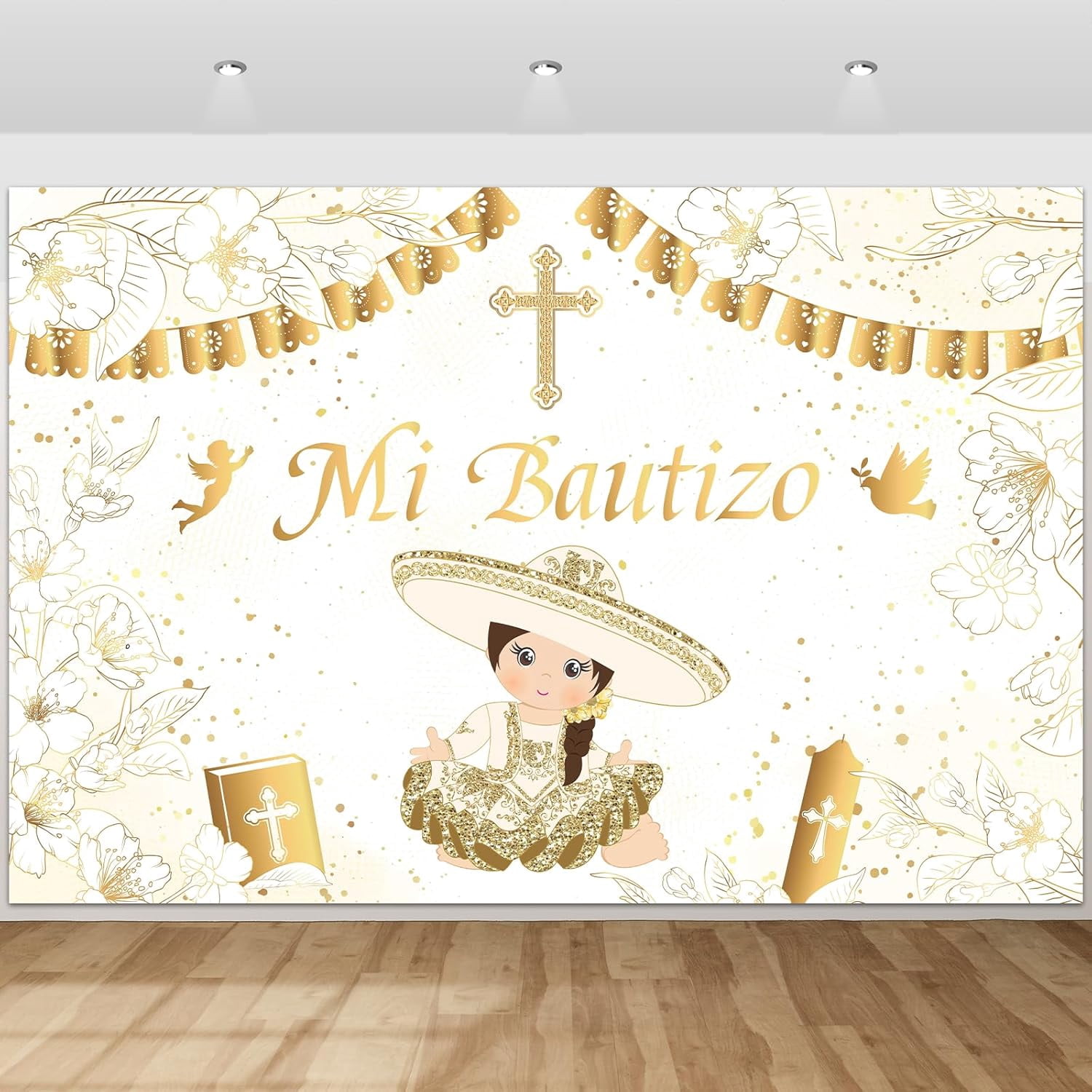 Mi Bautizo Backdrop First Holy Communion Backdrop for Girl Golden Cross ...