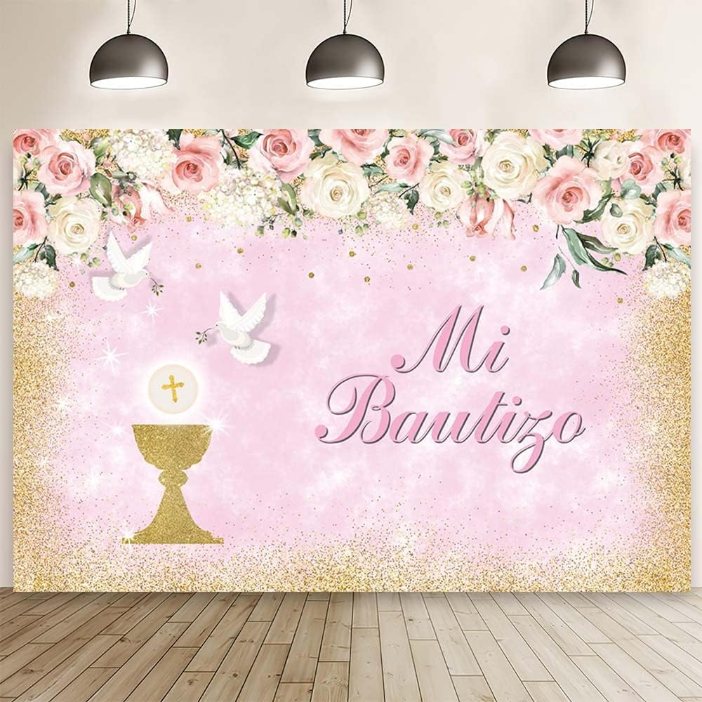 Mi Bautizo Backdrop Girl Baptism Banner Gold Chalice Doves Christening ...