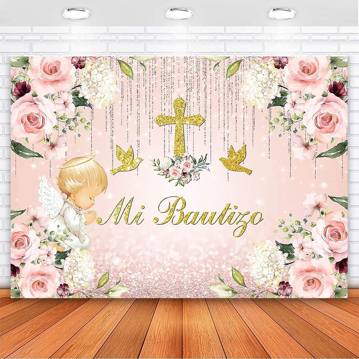 Mi Bautizo Backdrop Glitter Angel God Bless Backdrops Baptism Floral ...