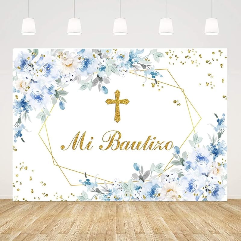 Mi Bautizo Backdrop Mexican Baptism God Bless Blue Flowers Boy ...