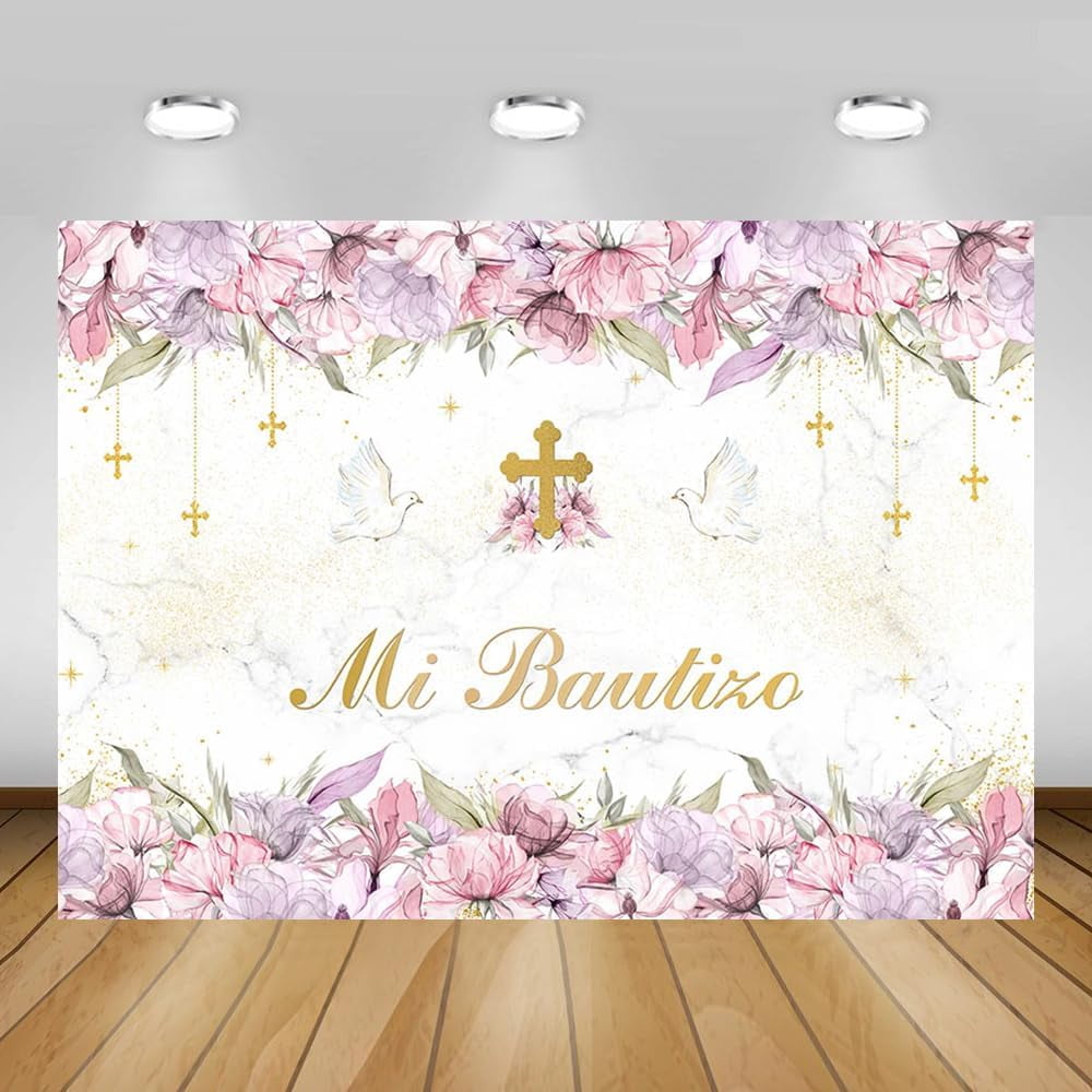 Mi Bautizo Backdrop for Girl Pink Floral Mi Primera Comunion Baptism Decorations Banner First ...