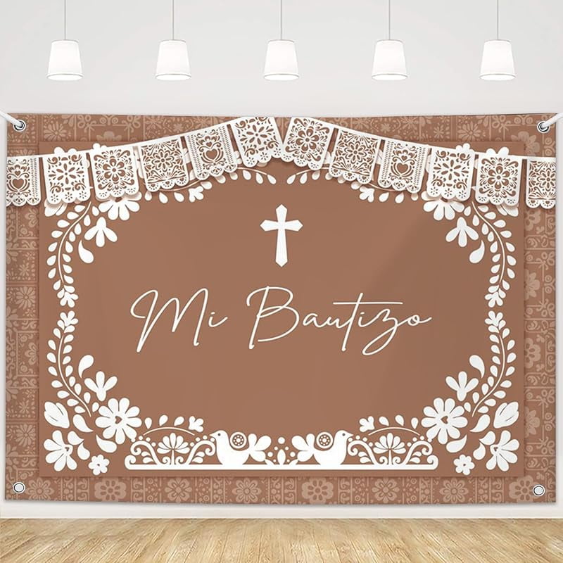 Mi Bautizo Banner Backdrop Brown Mexican Baptism Party Decorations God ...