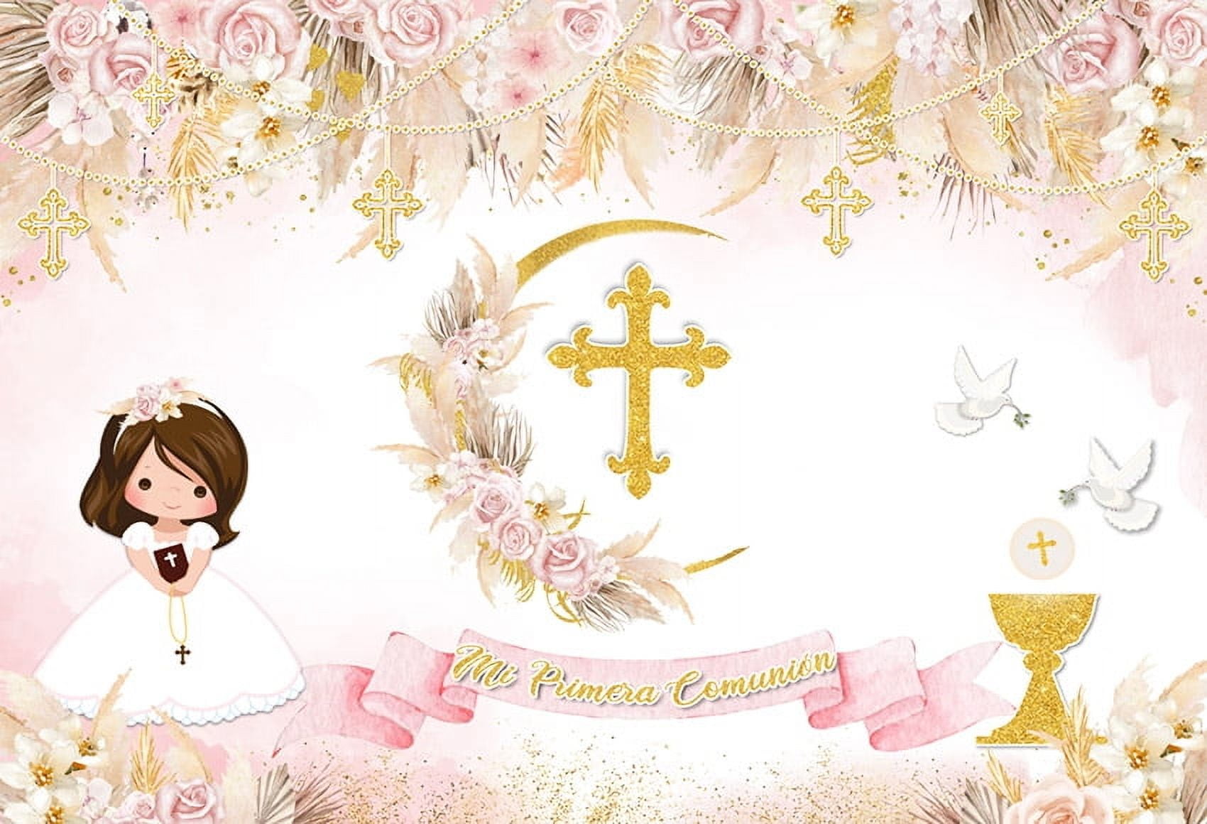 Mi Bautizo Boho Pink Floral Baptism God Bless First Holy Communion r Photo Backdrop Studio ...