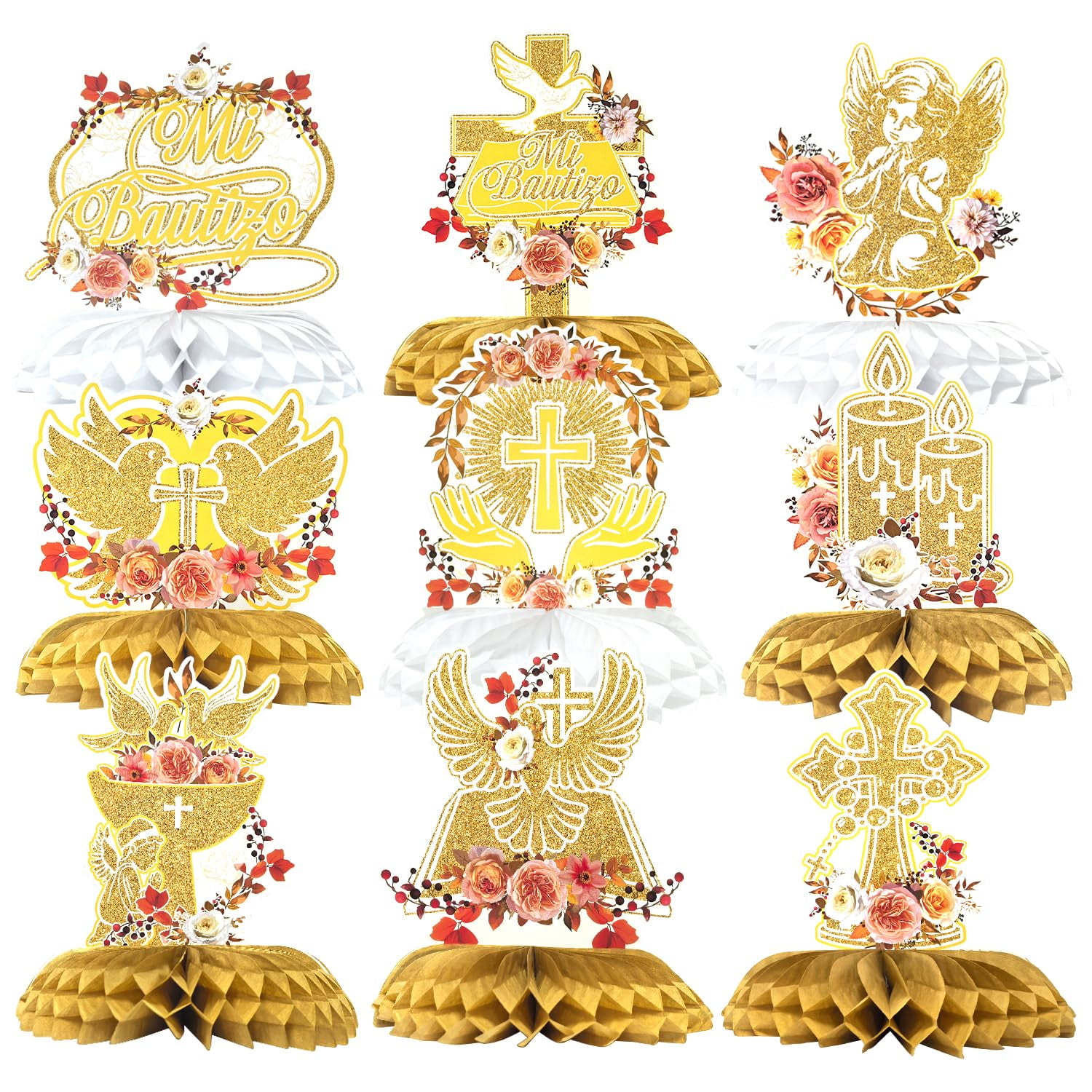 Mi Bautizo Honeycomb Centerpieces, Religious Baptism AD01 Decorations ...