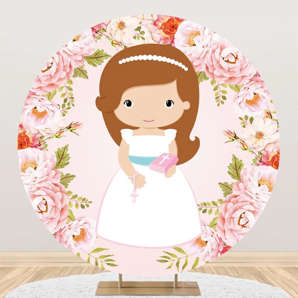 Mi Bautizo Round Backdrop Cover Gold Cross First Holy Communion God ...