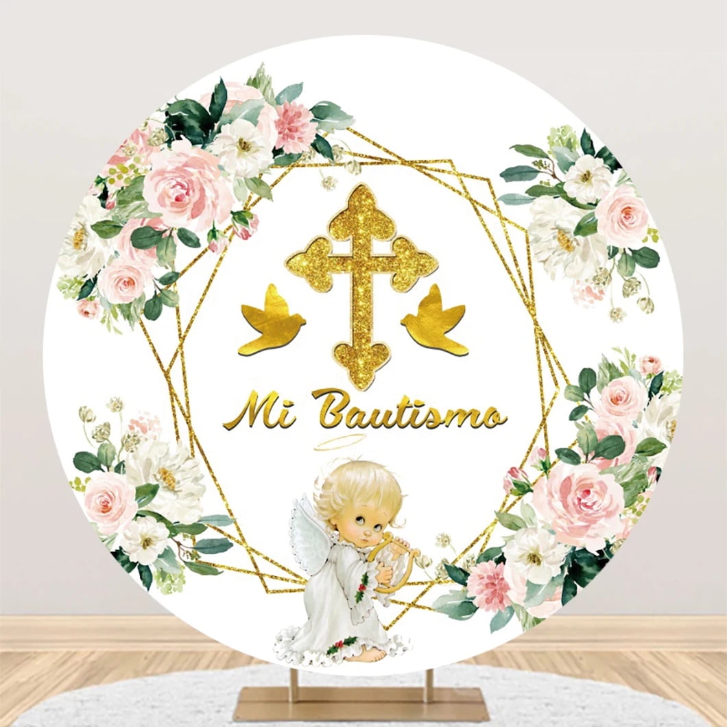 Mi Bautizo Round Backdrop Cover Gold Cross First Holy Communion God ...