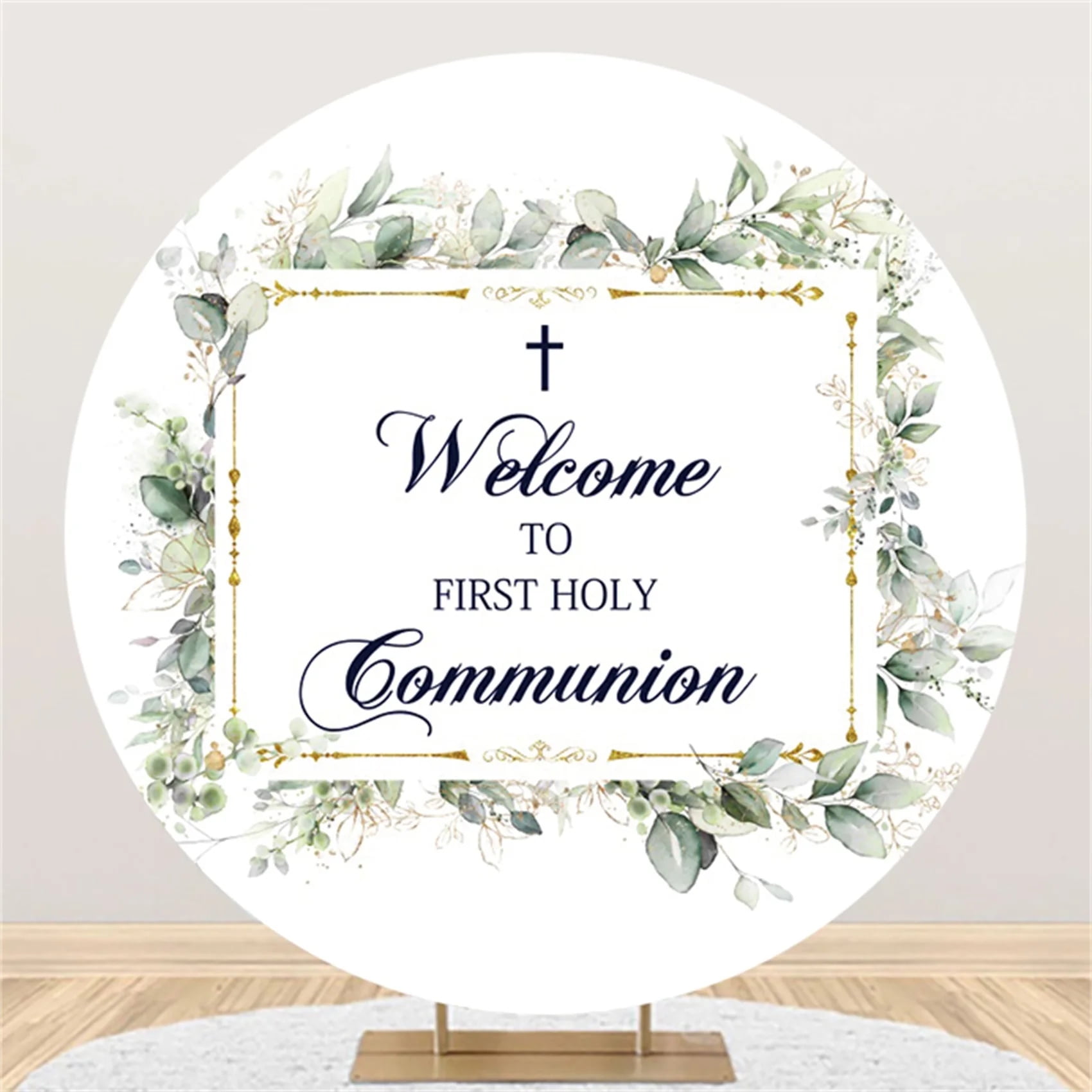 Mi Bautizo Round Backdrop Cover Gold Cross First Holy Communion God ...