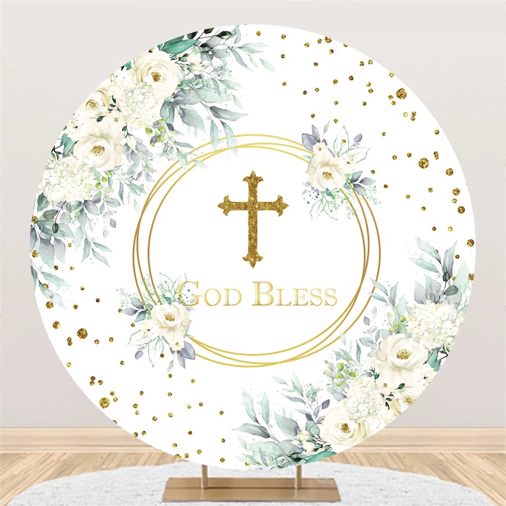 Mi Bautizo Round Backdrop Cover Gold Cross First Holy Communion God ...