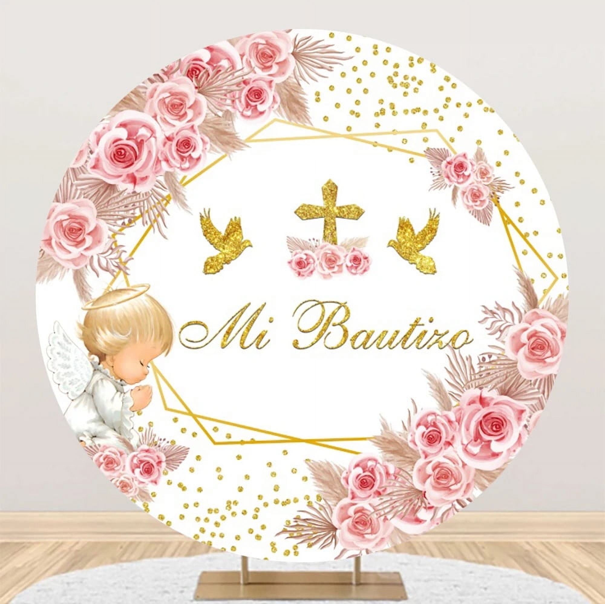 Mi Bautizo Round Backdrop Cover Gold Cross First Holy Communion God ...