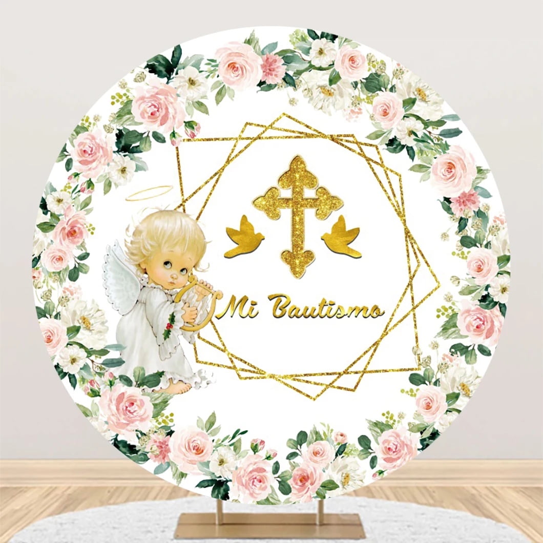 Mi Bautizo Round Backdrop Cover Gold Cross First Holy Communion God ...