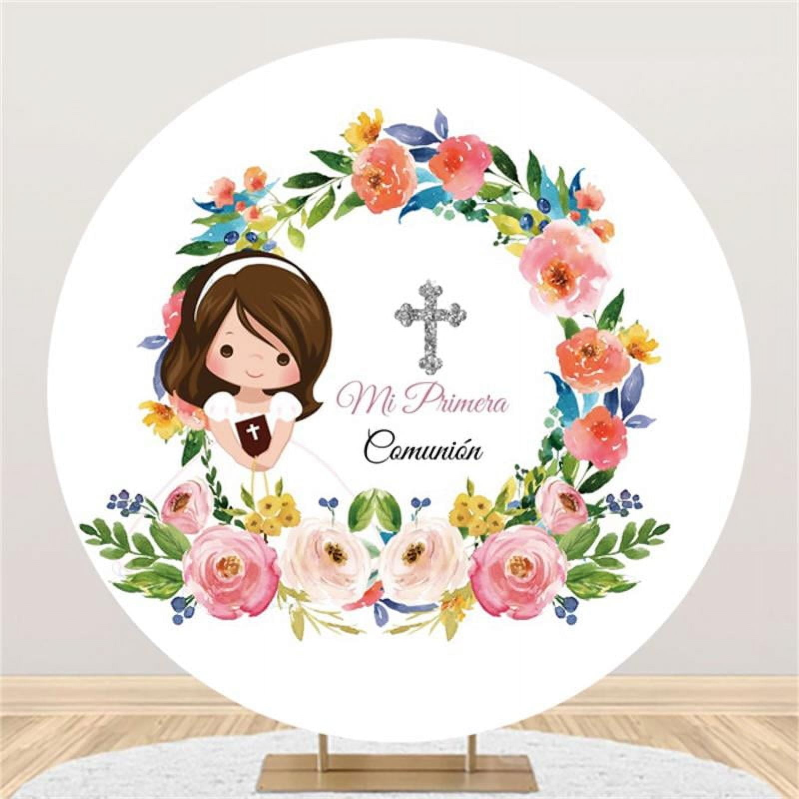 Mi Bautizo Round Backdrop Cover Gold Cross First Holy Communion God ...