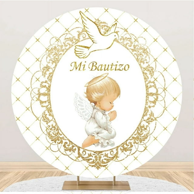 Mi Bautizo Round Backdrop Cover Gold Cross First Holy Communion God ...