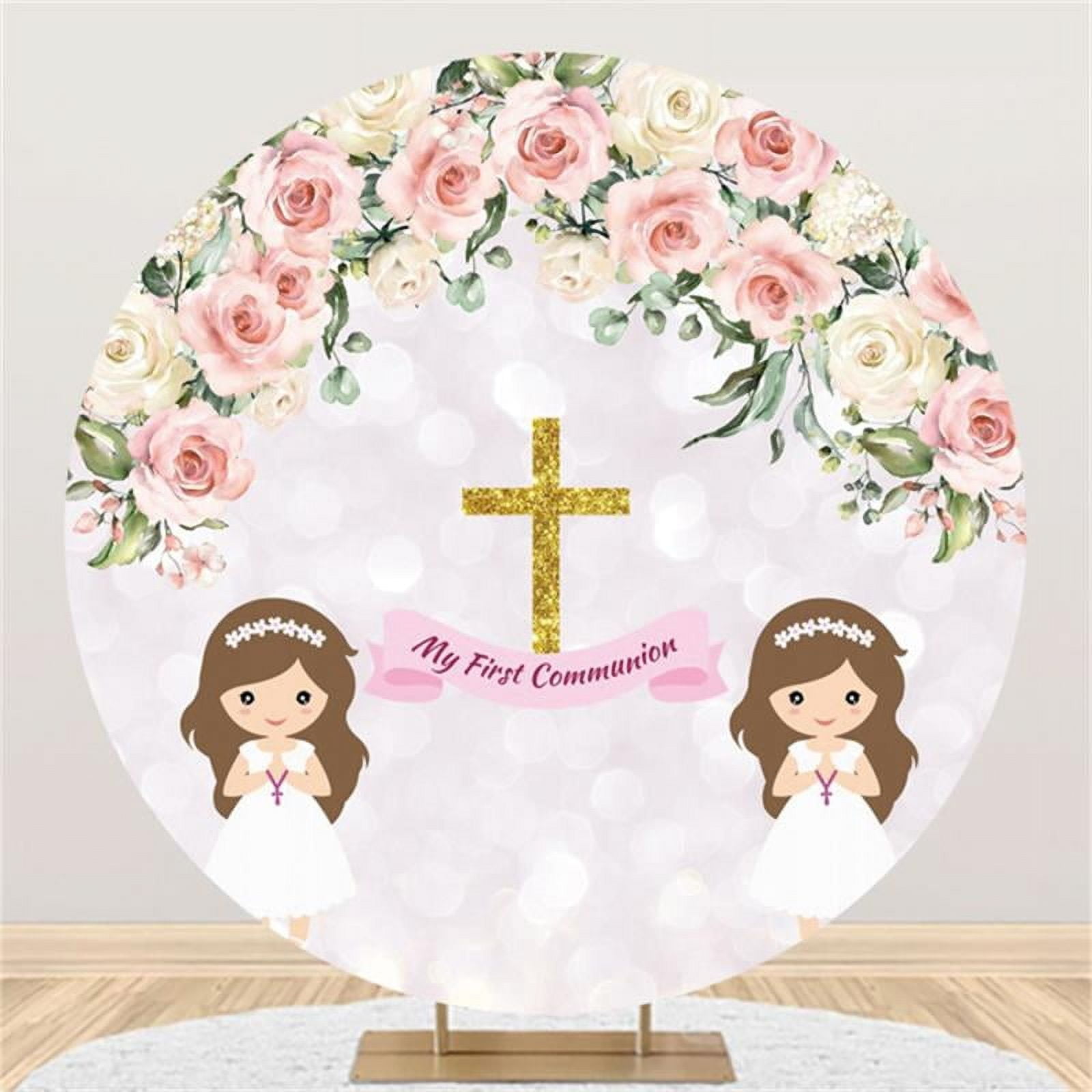 Mi Bautizo Round Backdrop Cover Gold Cross First Holy Communion God ...