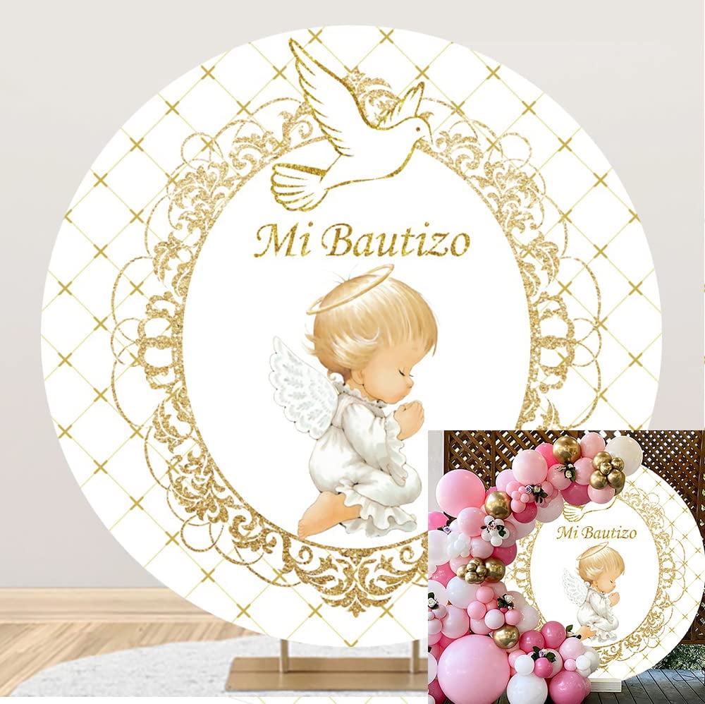Mi Bautizo Round White Backdrop Cover Baby Baptism Christening Round ...