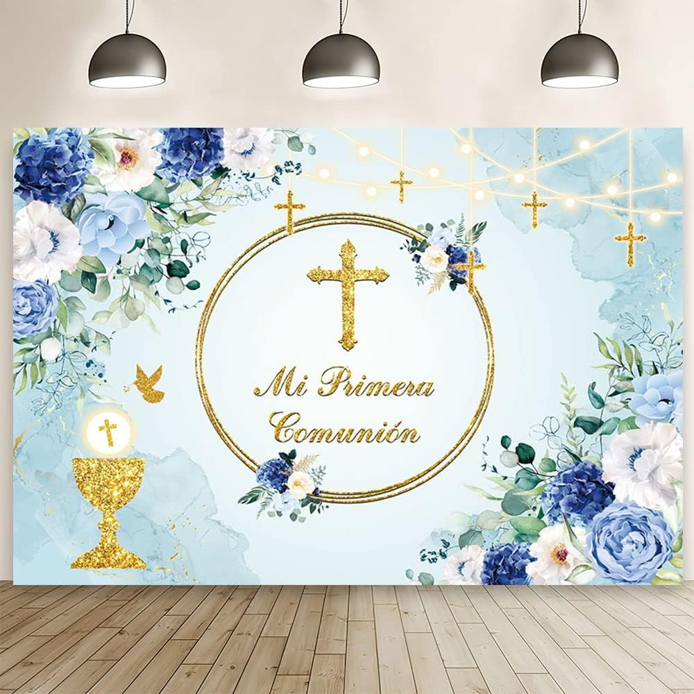 Mi Primera Comunión Backdrop Blue Floral First Communion Photography ...