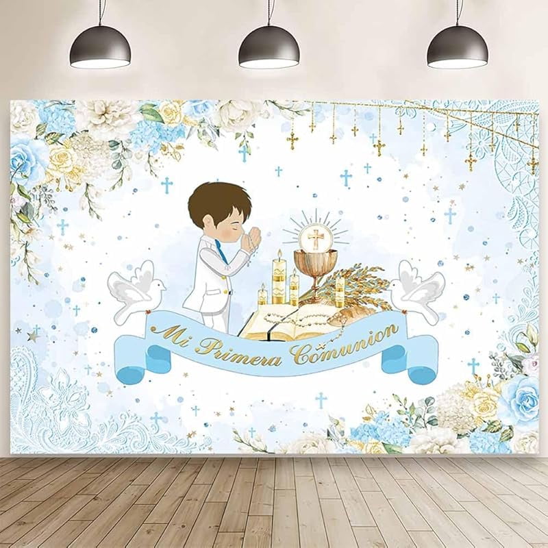 Mi Primera Comunión Backdrop for Boy Pastel Blue Floral First Holy Communion Photography ...
