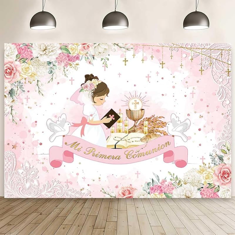 Mi Primera Comunión Backdrop for Girl Pastel Pink Floral First Holy ...