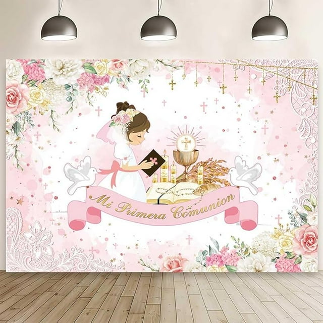 Mi Primera Comunión Backdrop for Girl Pastel Pink Floral First Holy Communion Photography ...