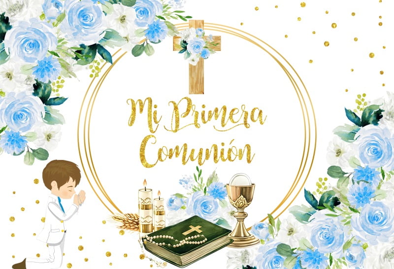 Mi Primera Comunion Backdrop Blue Floral God Bless Baptism Mi Bautizo ...