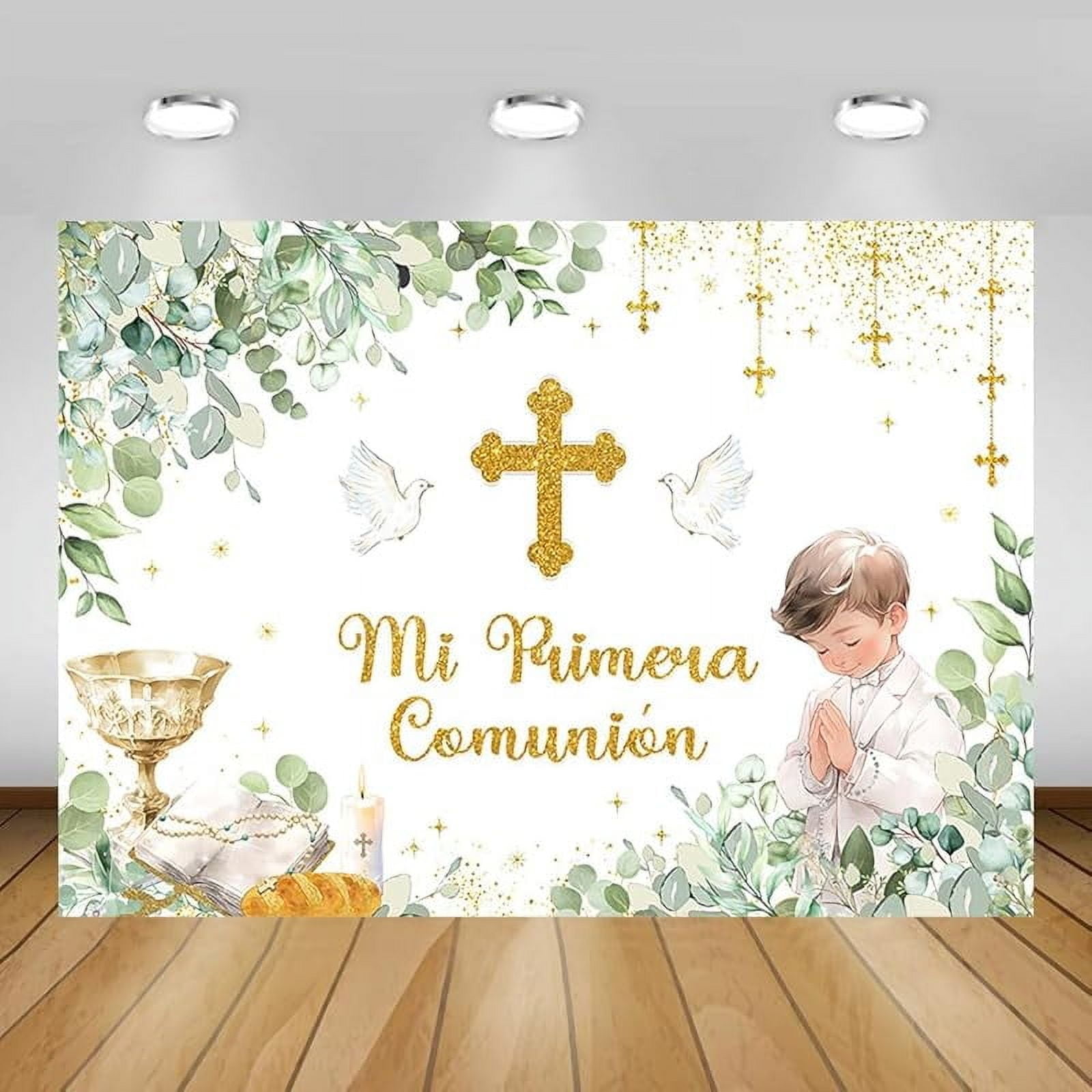 Mi Primera Comunion Backdrop for Boy Baptism Christening Party Decor Greenery God Bless First ...