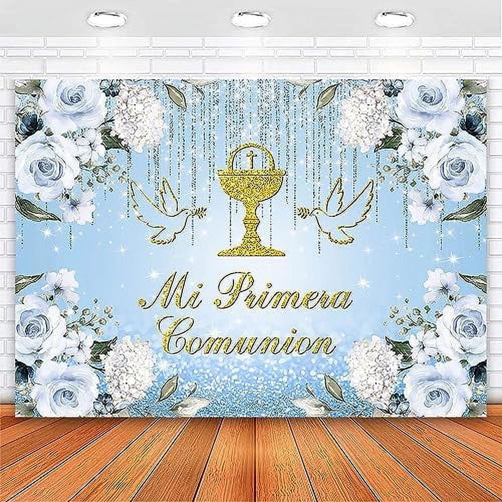 Mi Primera Comunion Backdrop Girls Glitter Floral Baptism Christening ...
