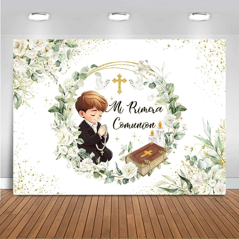 Mi Primera Comunion Backdrop Green Baptism Party Decorations for Boys ...