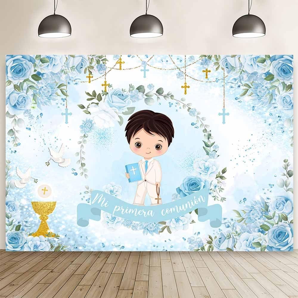 Mi Primera Comunion Backdrop Pastel Blue Floral Baptism Photography Background for Boy Blue Mi ...