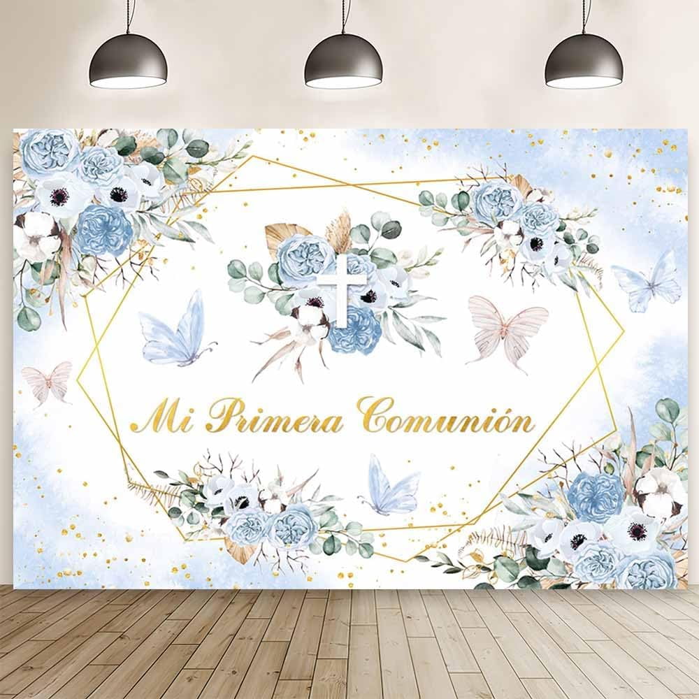 Mi Primera Comunion Backdrop Pastel Blue Floral Baptism Photography ...