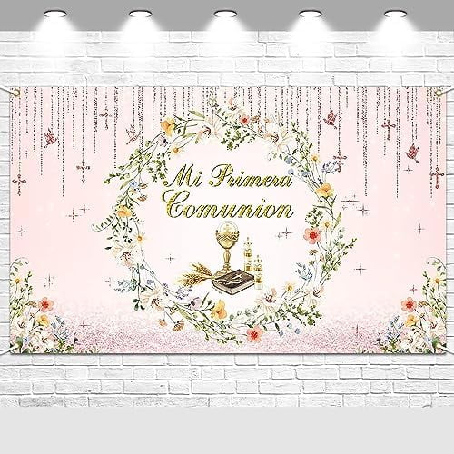 Mi Primera Comunion Banner Pink Glitter Floral Baptism Christening ...
