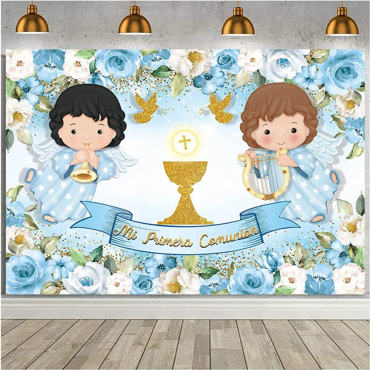 Mi Primera Comunion Christening Banner Photography Background Angel Blue Flowers Holy God Bless ...