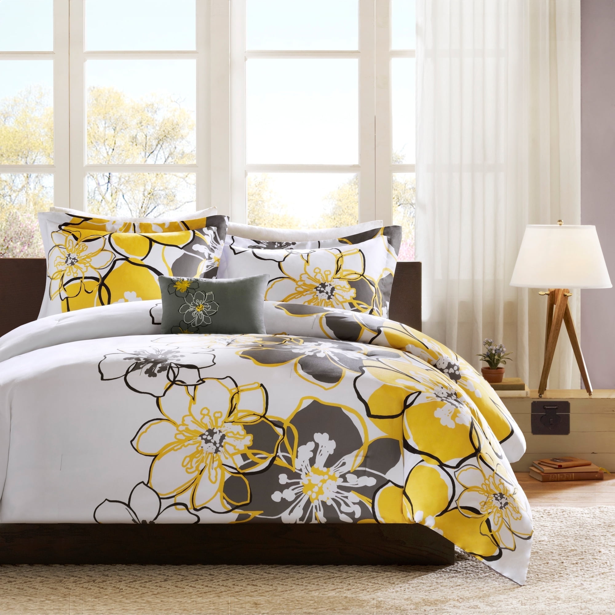 Mi-Zone Full/Queen Comforter Set, 4-Piece Floral Bedding, Yellow/Grey ...