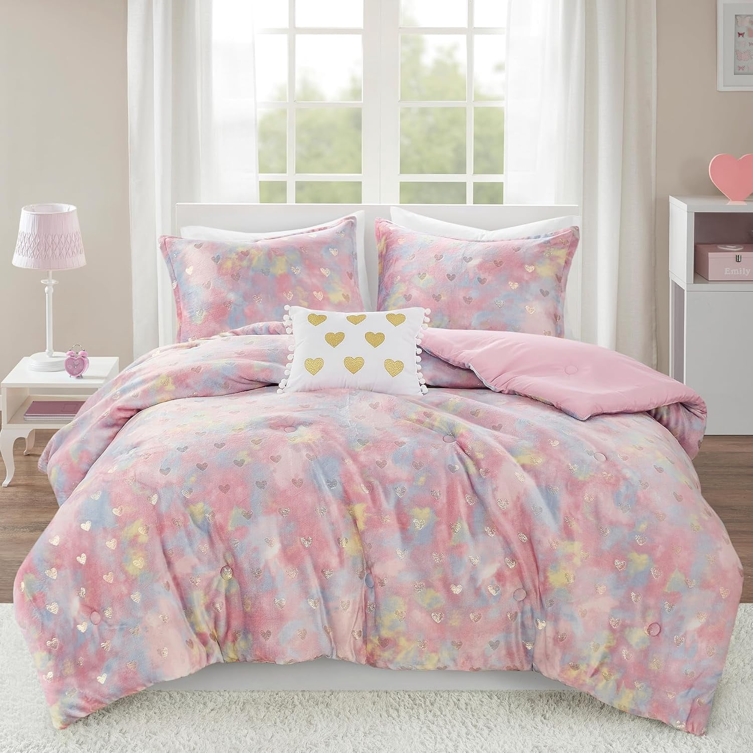 Mi Zone Queen Comforter Set, 4 Piece Metallic Hearts Bedroom Set for ...