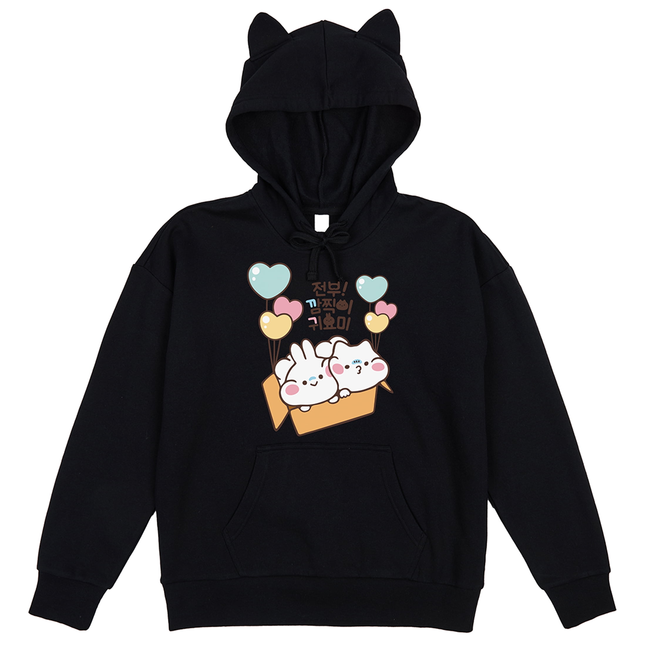 MiMi & Neko Characters And Heart Balloons Women's Black Hoodie With ...