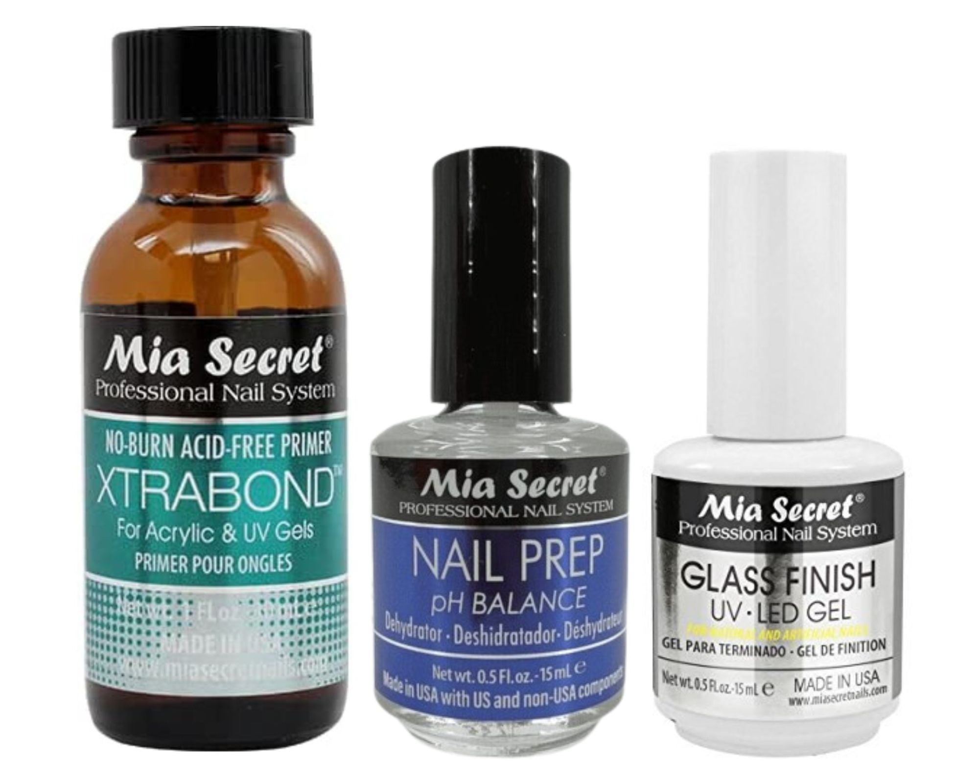 Mia Secret Nail Prep 0.5oz,Xtrabond Primer 30 ML & Glass Finish UV-LED ...