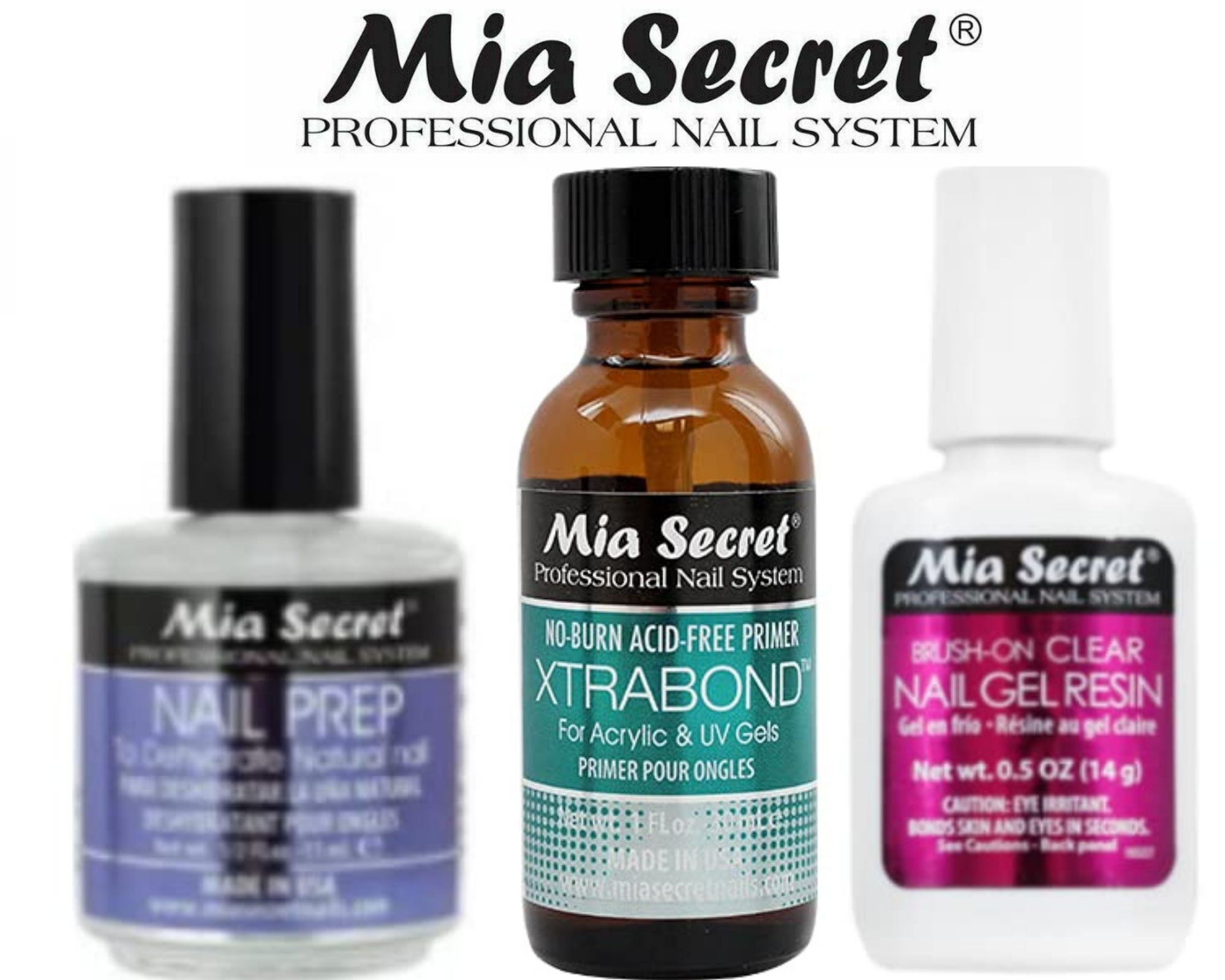 Mia Secret Nail Prep 0.5oz,Xtrabond Primer 30ML & Brush-on Clear Nail ...
