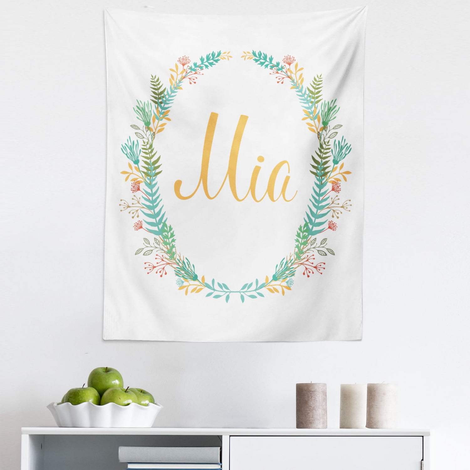 Mia Tapestry, Frame of Flowers and Ferns Pattern with Handwriting ...