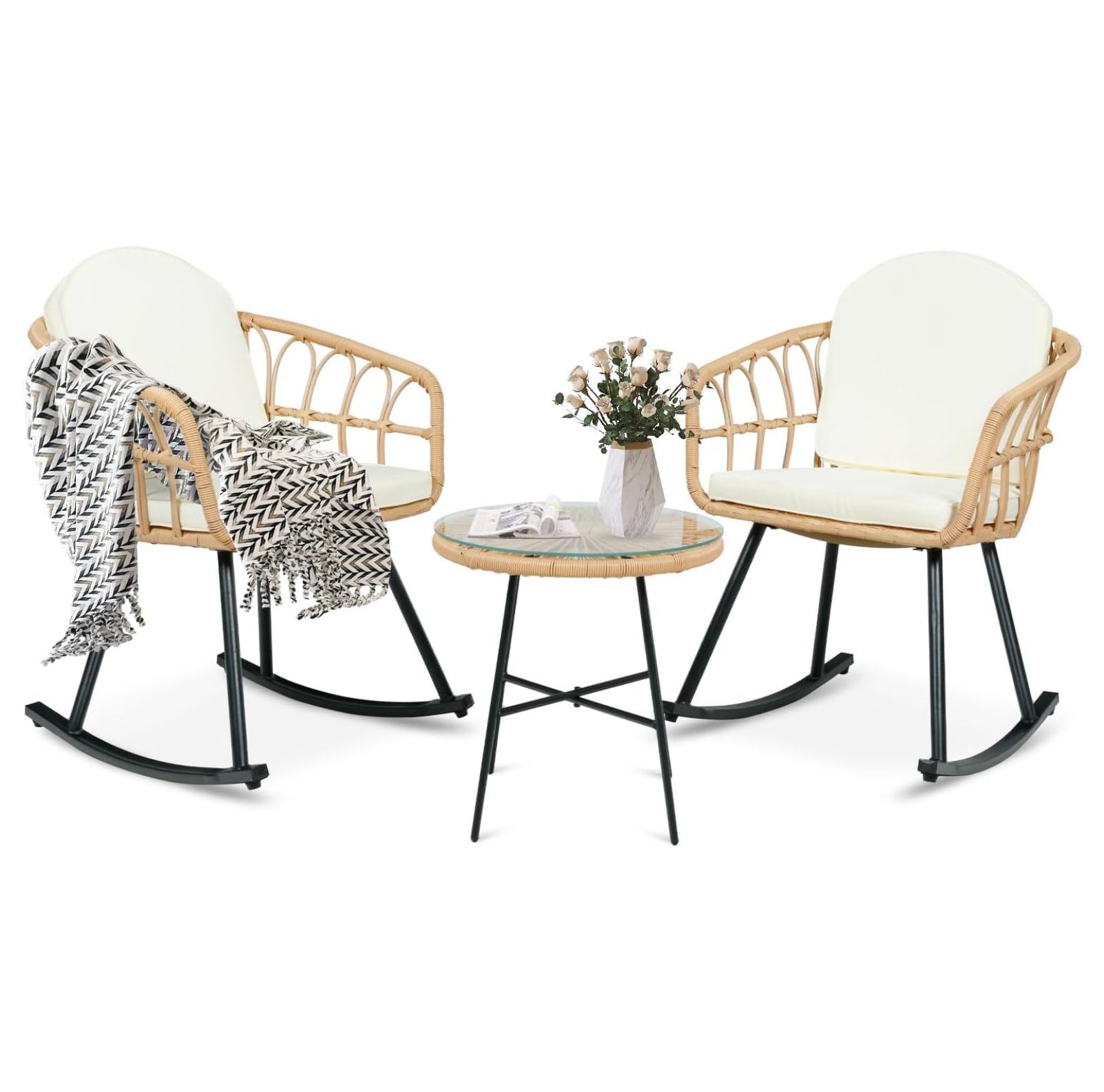 MiaHltTia 3 Pieces Rocking Chairs Set - Outdoor Wicker Rattan Rocking ...