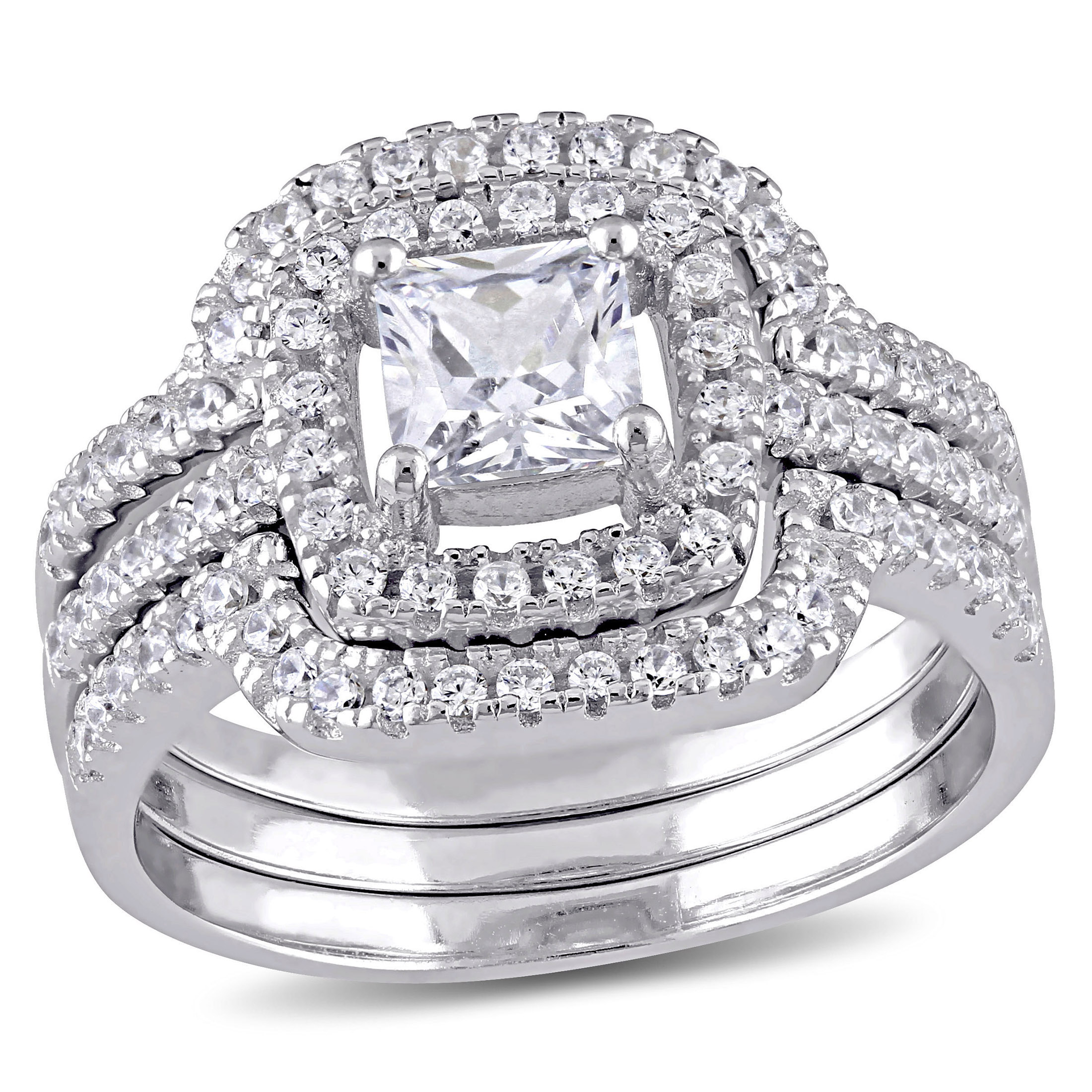 1/2 Carat T.G.W. White Round-Cut CZ and Swarovski Crystal Sterling Silver Halo Bridal Set ...