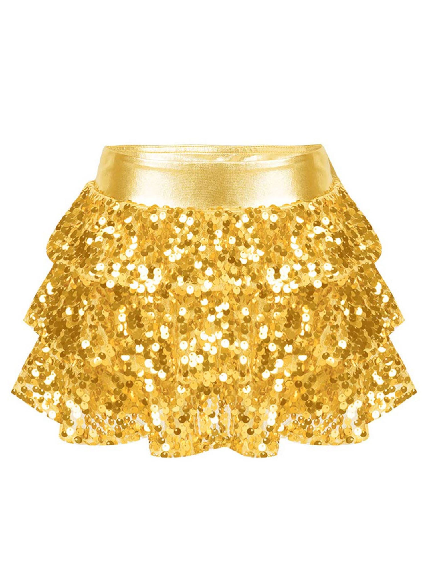 Miaeowve Girls Sequin Dance Skirt 3-Layers Ruffle Tiered Mini Skirt Hip ...