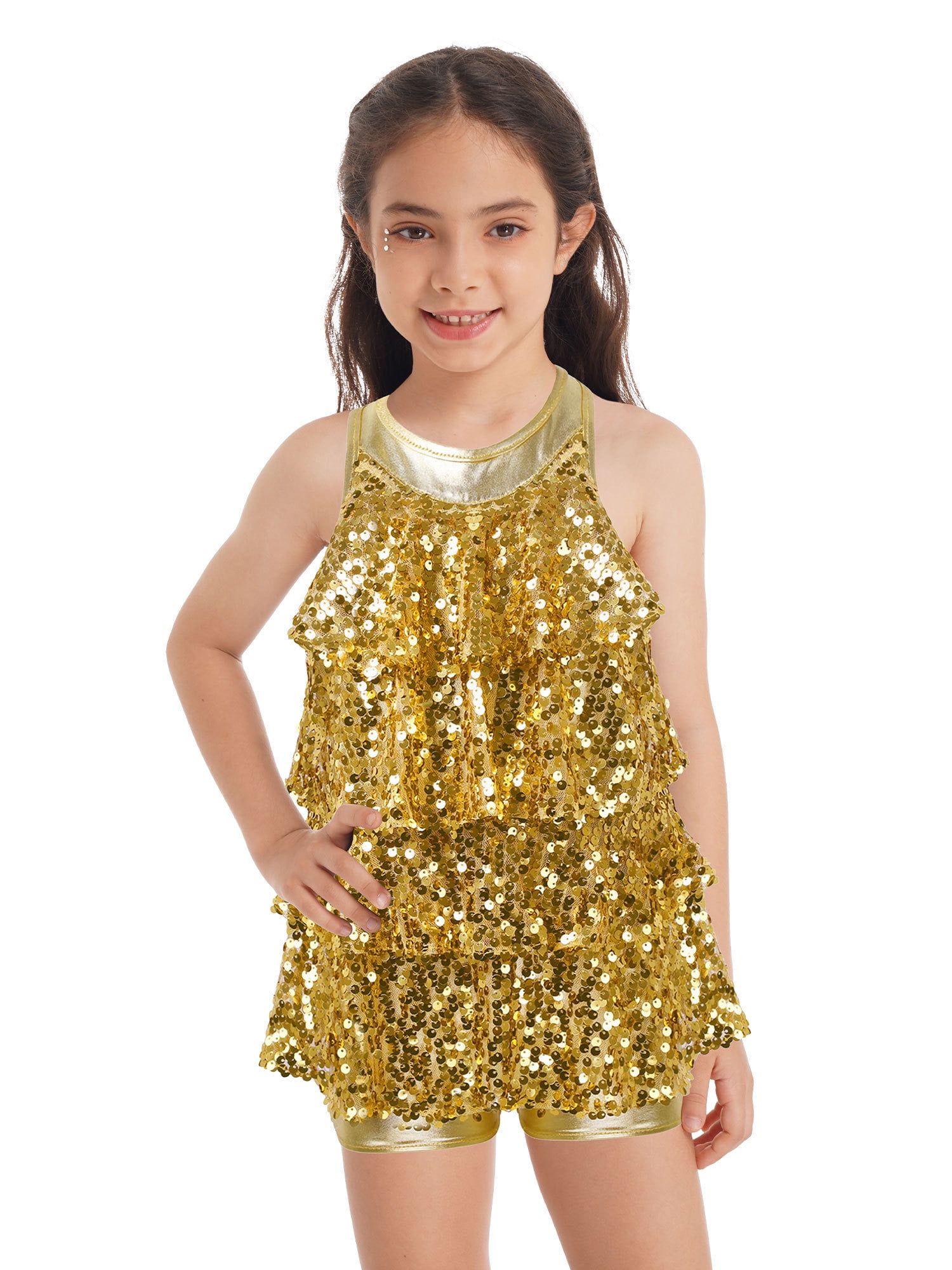 Miaeowve Kids Girls Shiny Sequins Ballet Leotard Sleevless Halter Dress ...