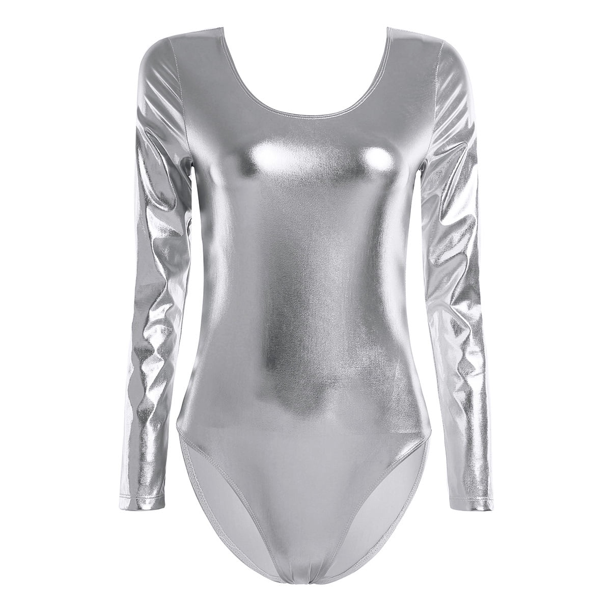Miaeowve Women's Shiny Metallic Thong Bodysuit Long Sleeve Scoop Neck ...