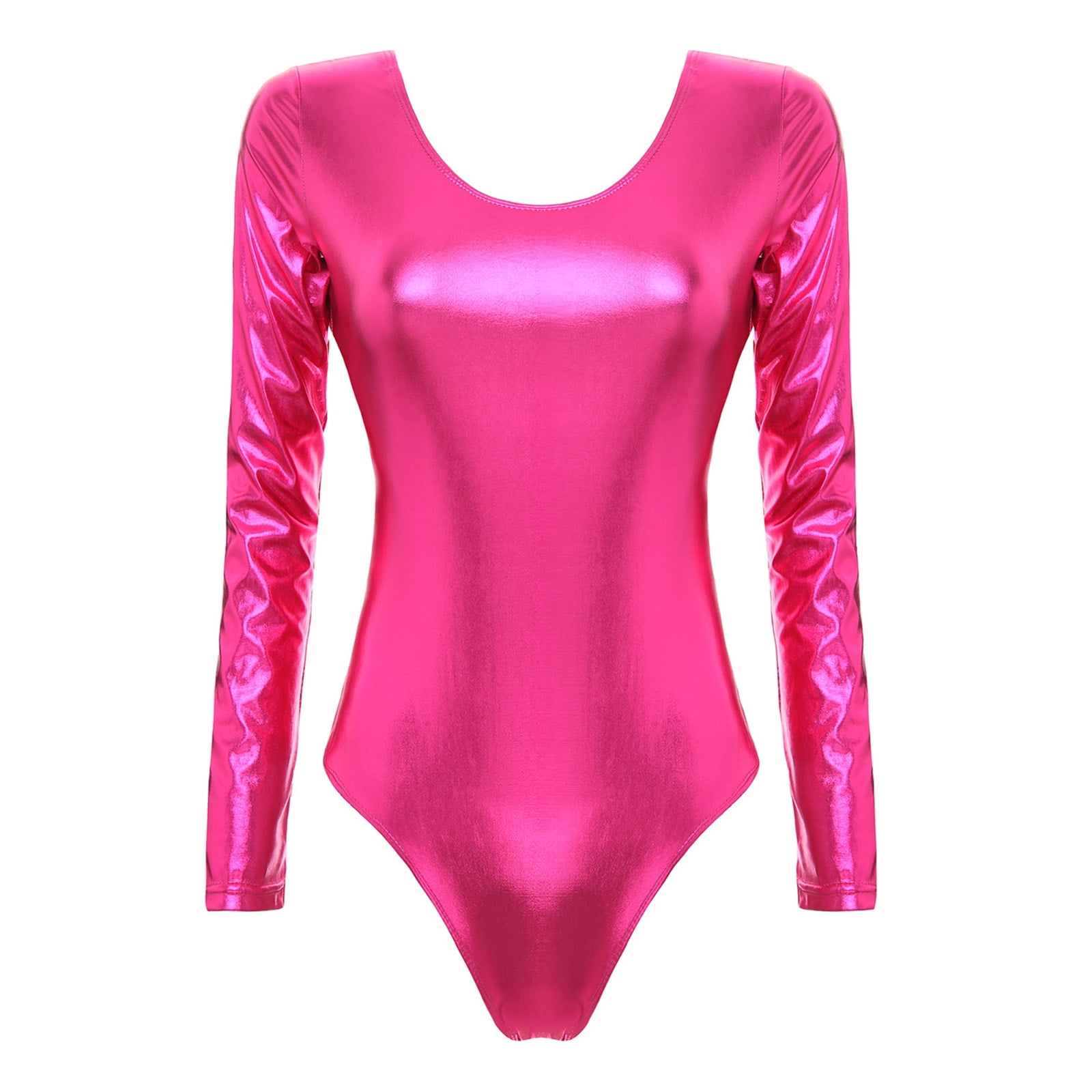 Miaeowve Women's Shiny Metallic Thong Bodysuit Long Sleeve Scoop Neck ...