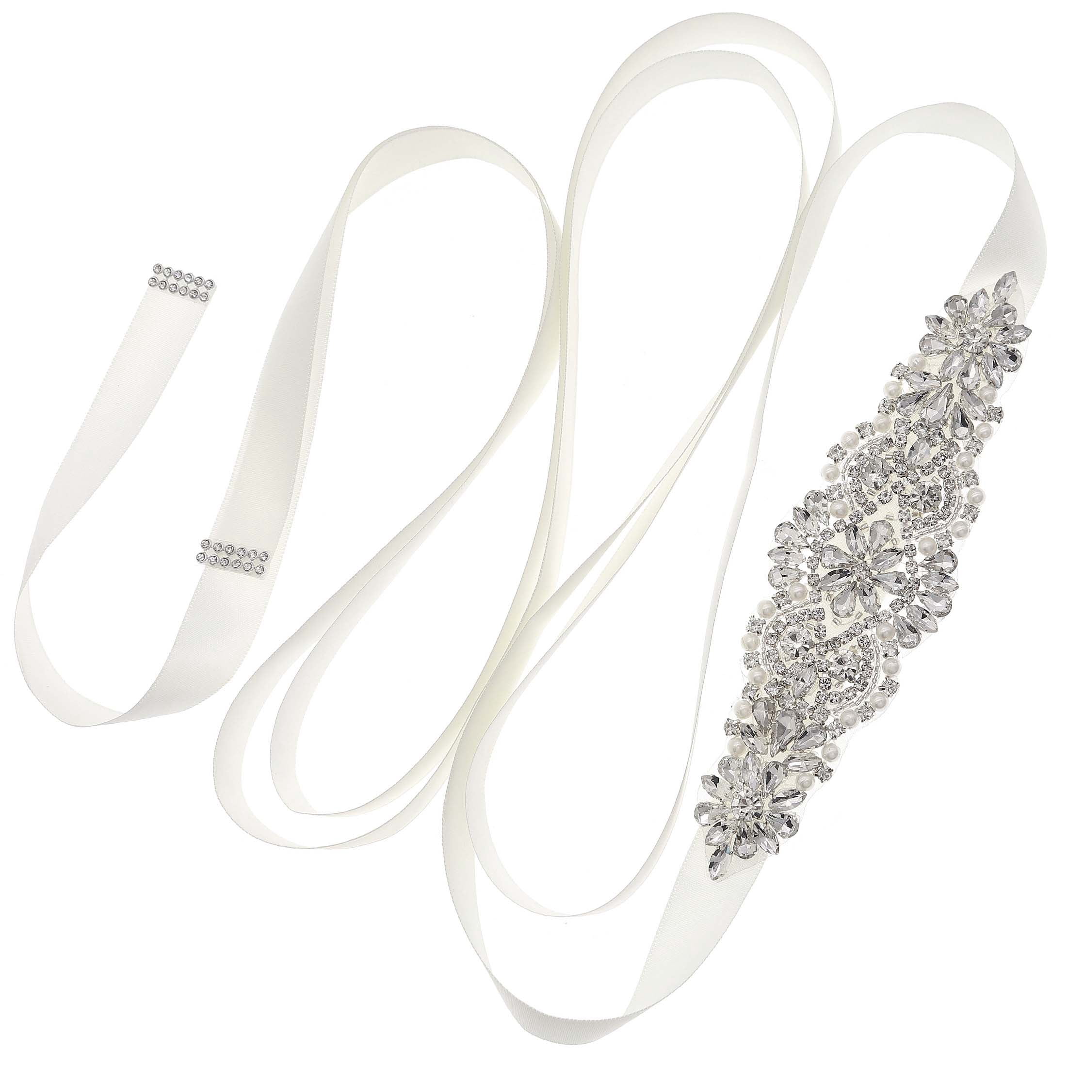 Miallo Marquise Crystal Bridal Belt with White Satin Ribbon, Sparkling ...