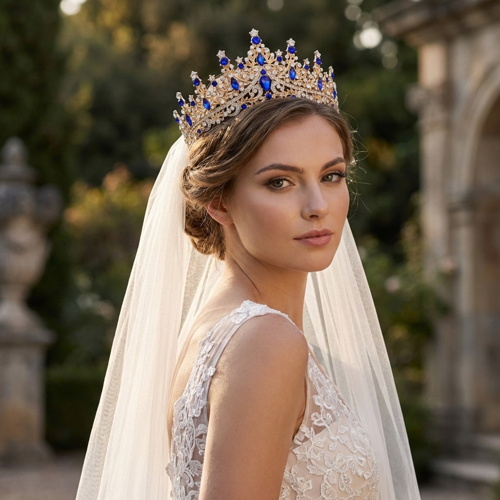 Miallo Royal Blue Crystal Tiara in Gold Setting, Sapphire Rhinestone ...