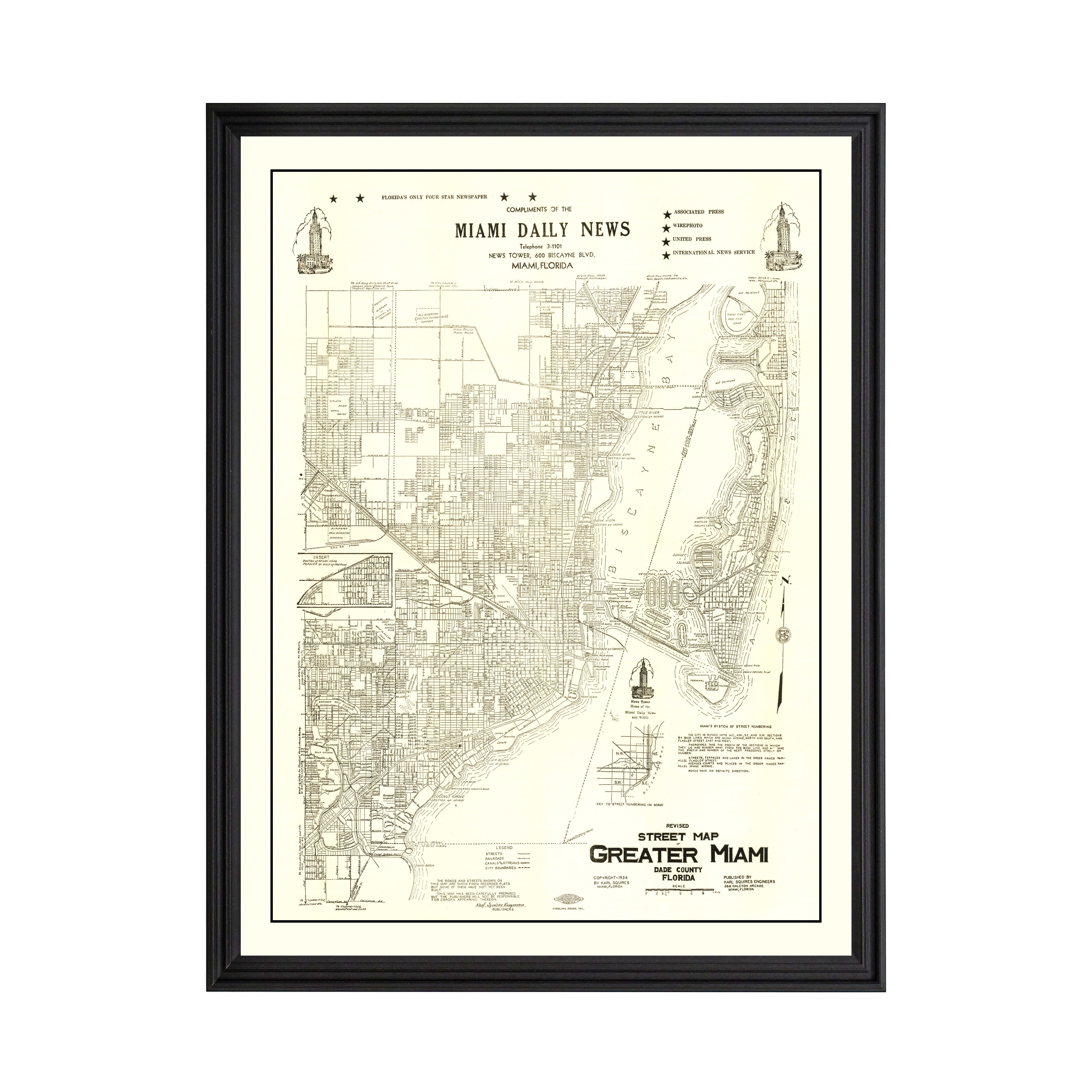 Miami Art, 1934 Vintage Map of Miami Florida, FL History Wall Decor ...