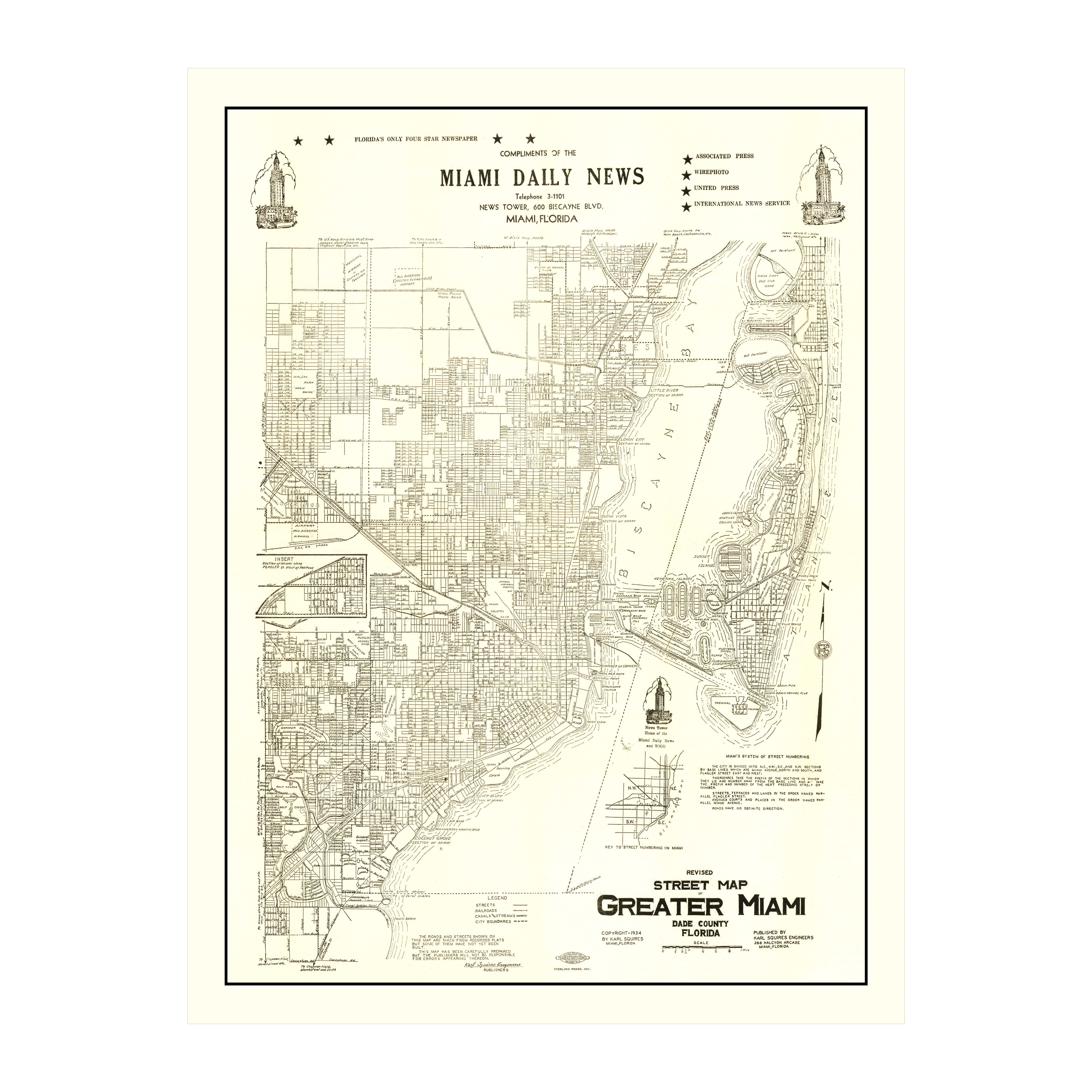 Miami Art, 1934 Vintage Map of Miami Florida, FL History Wall Decor ...
