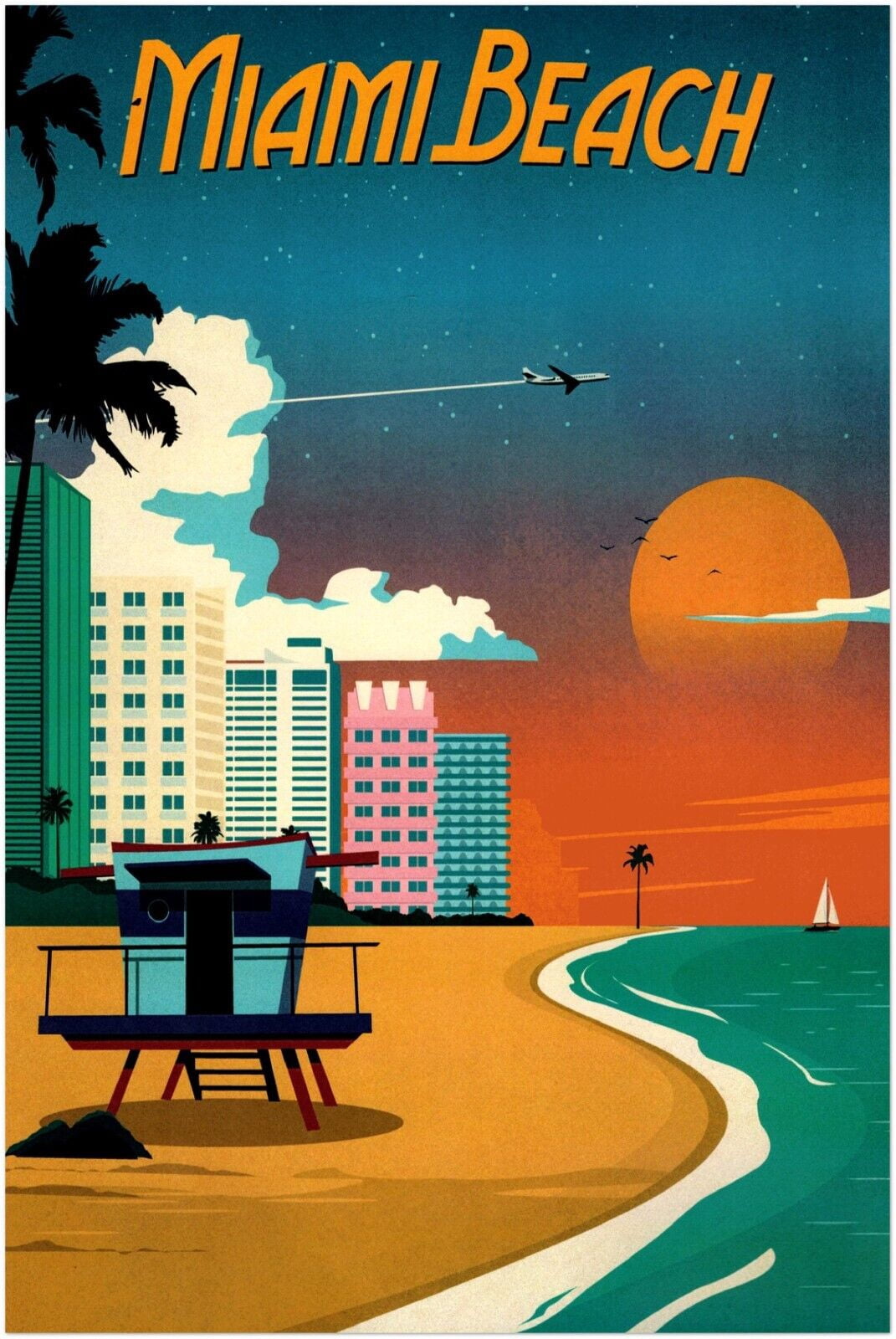Miami Beach - Florida - Vintage Travel Poster (12x18Inches(Black-Framed ...